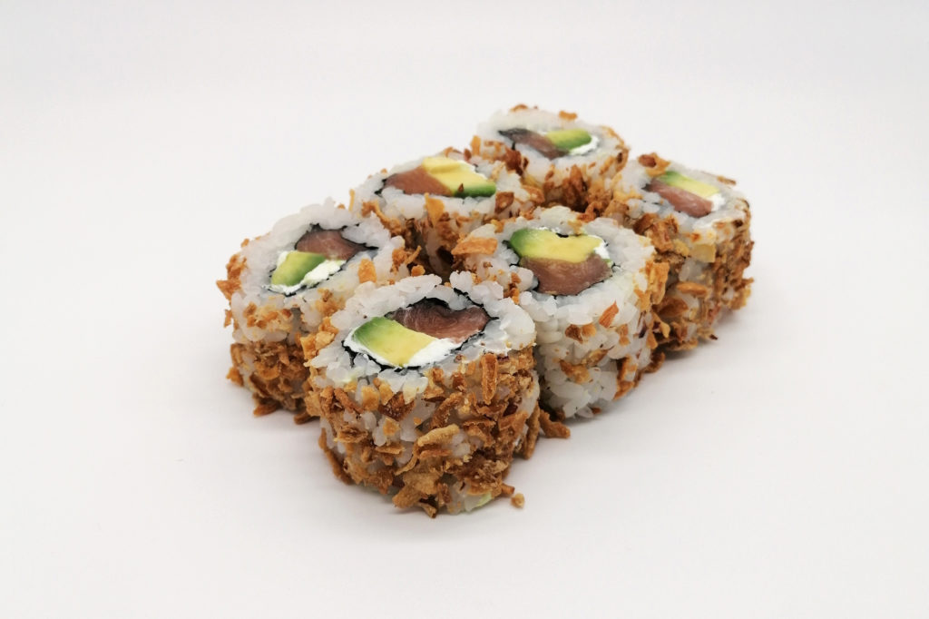 Crispy california rolls saumon, fromage, avocat, oignons frits - Le ...
